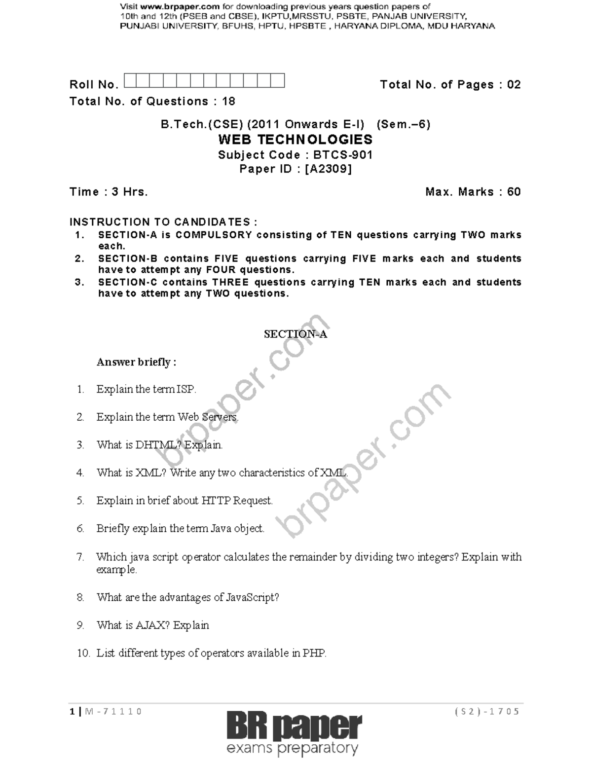 WT(6th)Dec2018 - model paper of web technology. - 1 Roll No. Total No ...