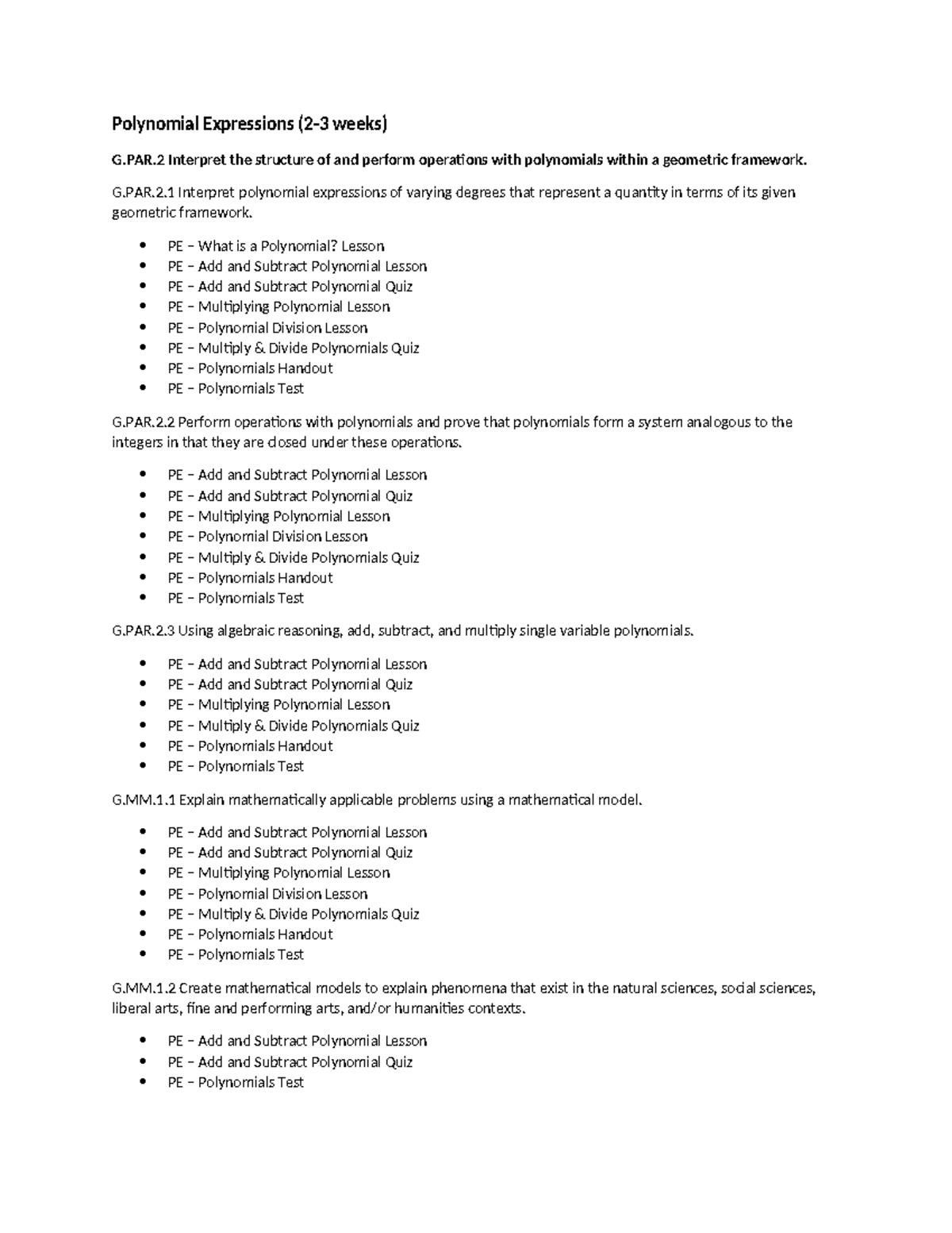 Modules Standards Alignment Polynomial Expressions - Polynomial ...