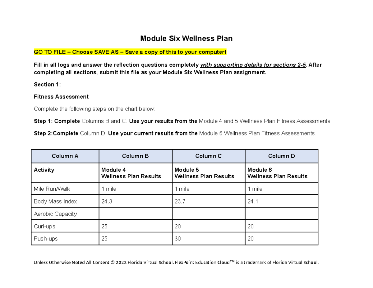 Module six wellness plan - Module Six Wellness Plan GO TO FILE – Choose ...