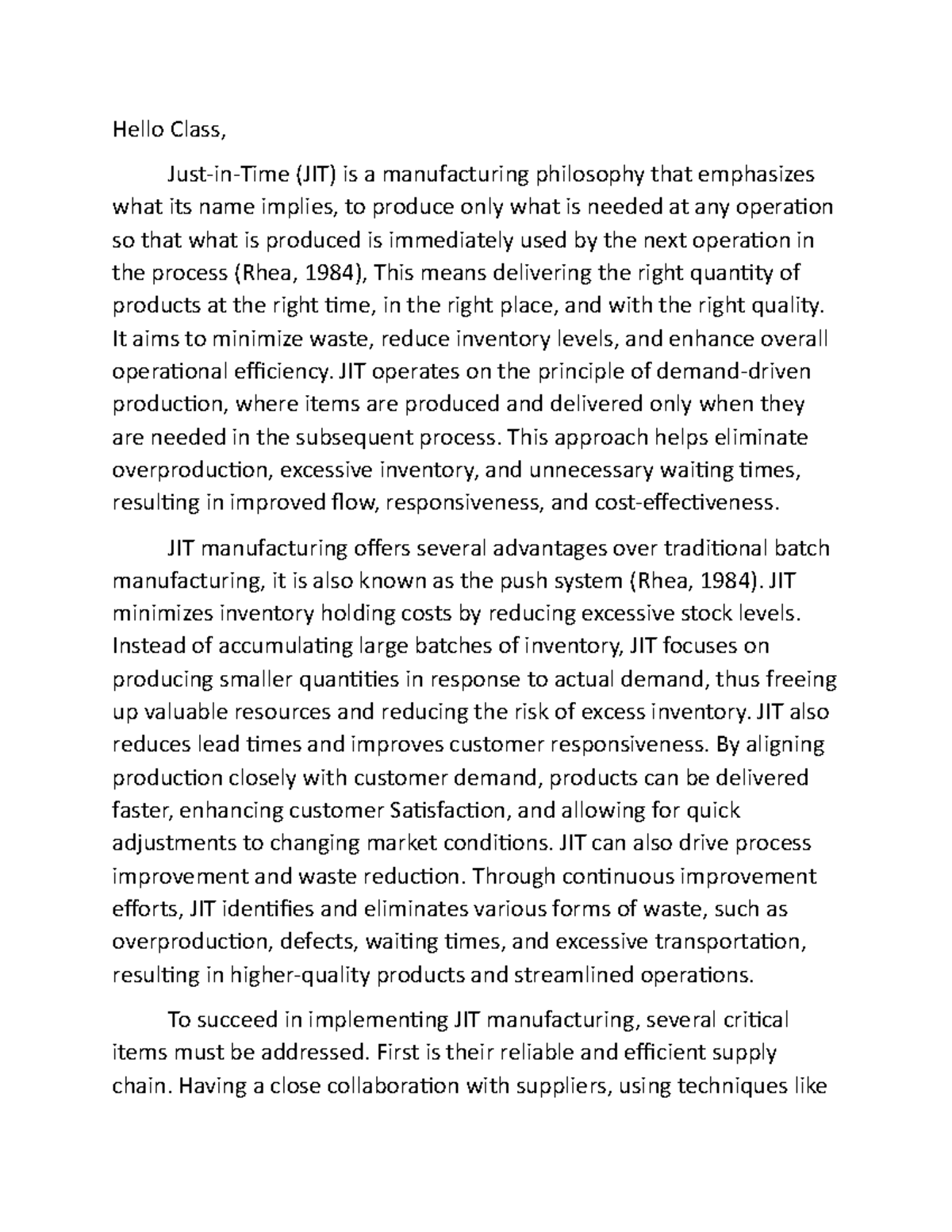 7-1 Discussion Just-in-Time Manufacturing - Hello Class, Just-in-Time ...
