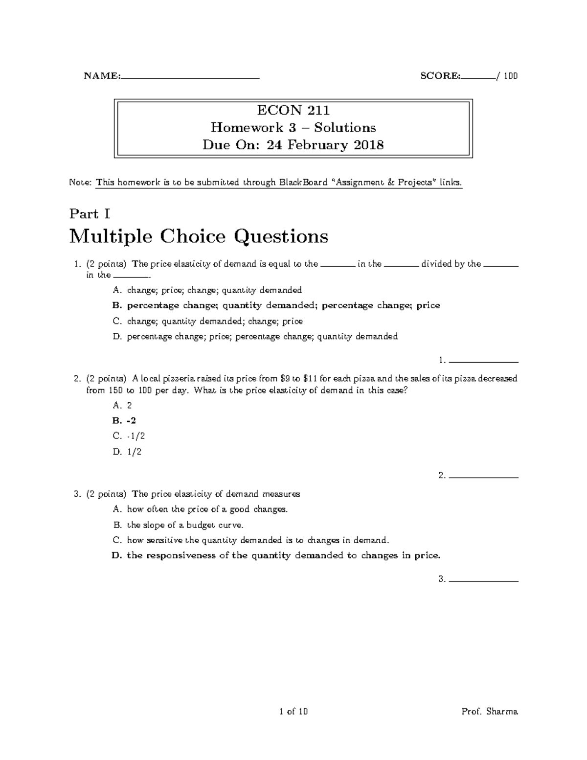 BB Homework 3 Solutions - NAME: SCORE: / 100 ECON 211 Homework 3 ...
