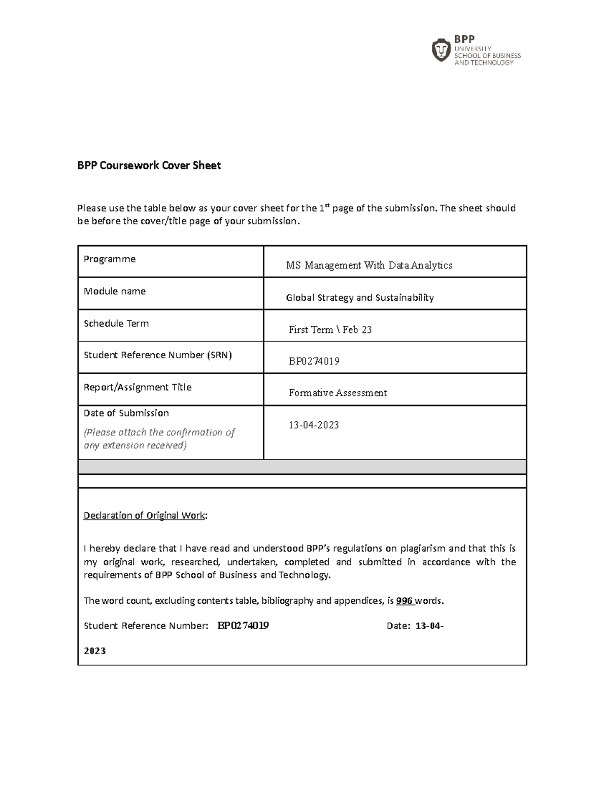 BPP Coursework Cover Sheet - BPP Coursework Cover Sheet Please use the table below as your cover ...