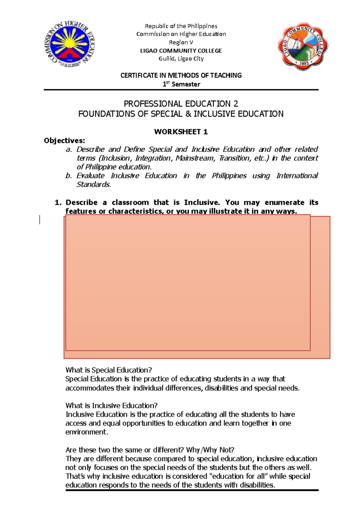 FSEI - Worksheet 1 - Good documents - Commission on Higher Education ...