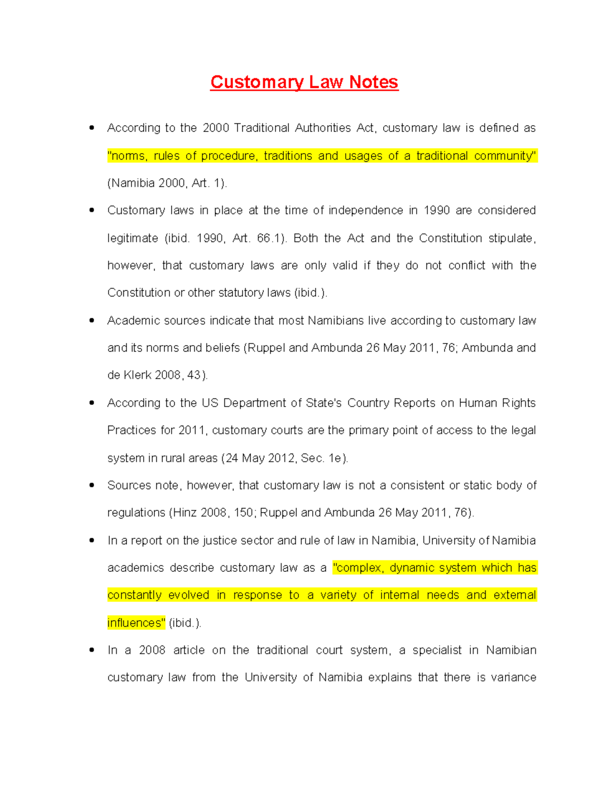 Customary Law Notes - 1). Customary laws in place at the time of ...