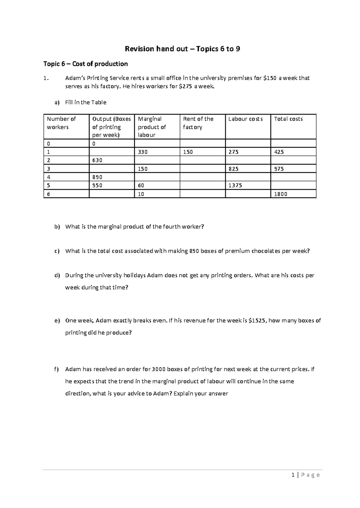 Revision handout Topics 6 - 9 - Revision hand out – Topics 6 to 9 Topic ...