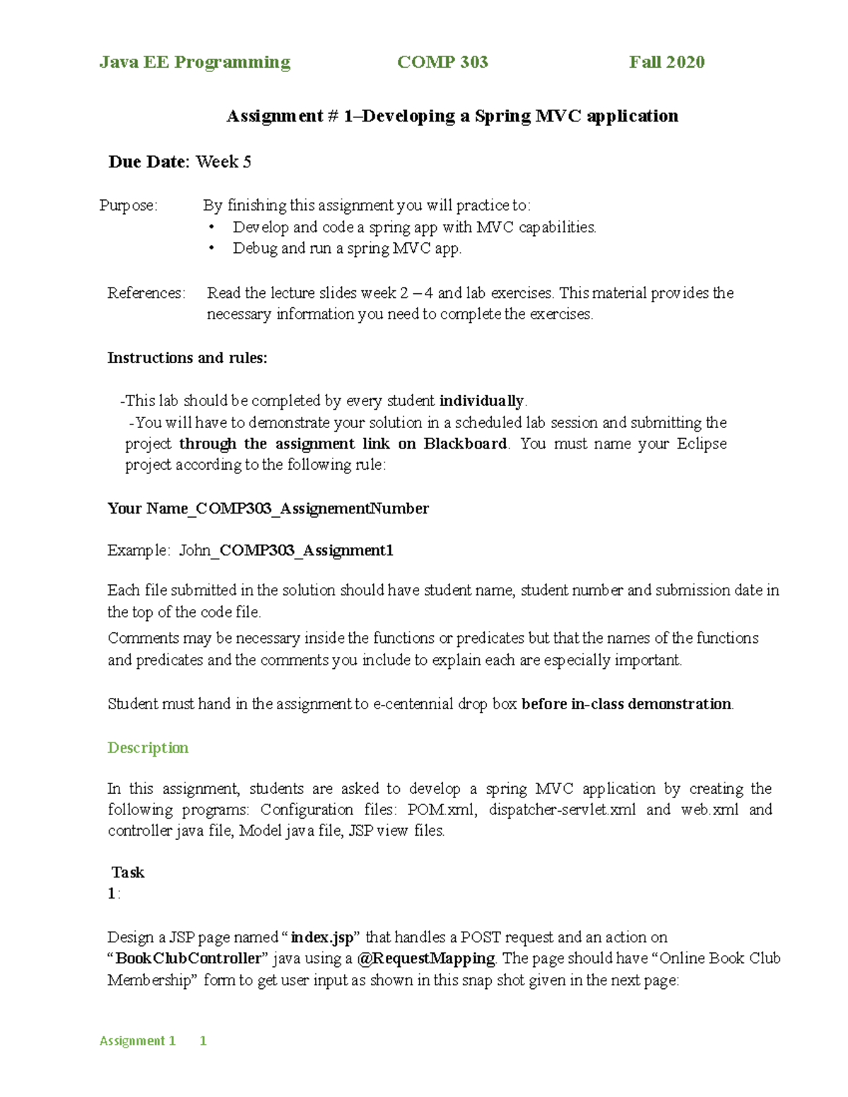 OOMP 303 Assignment 1 COMP303 004 - Java EE Programming COMP 303 Fall 2020 Assignment # 1 ...