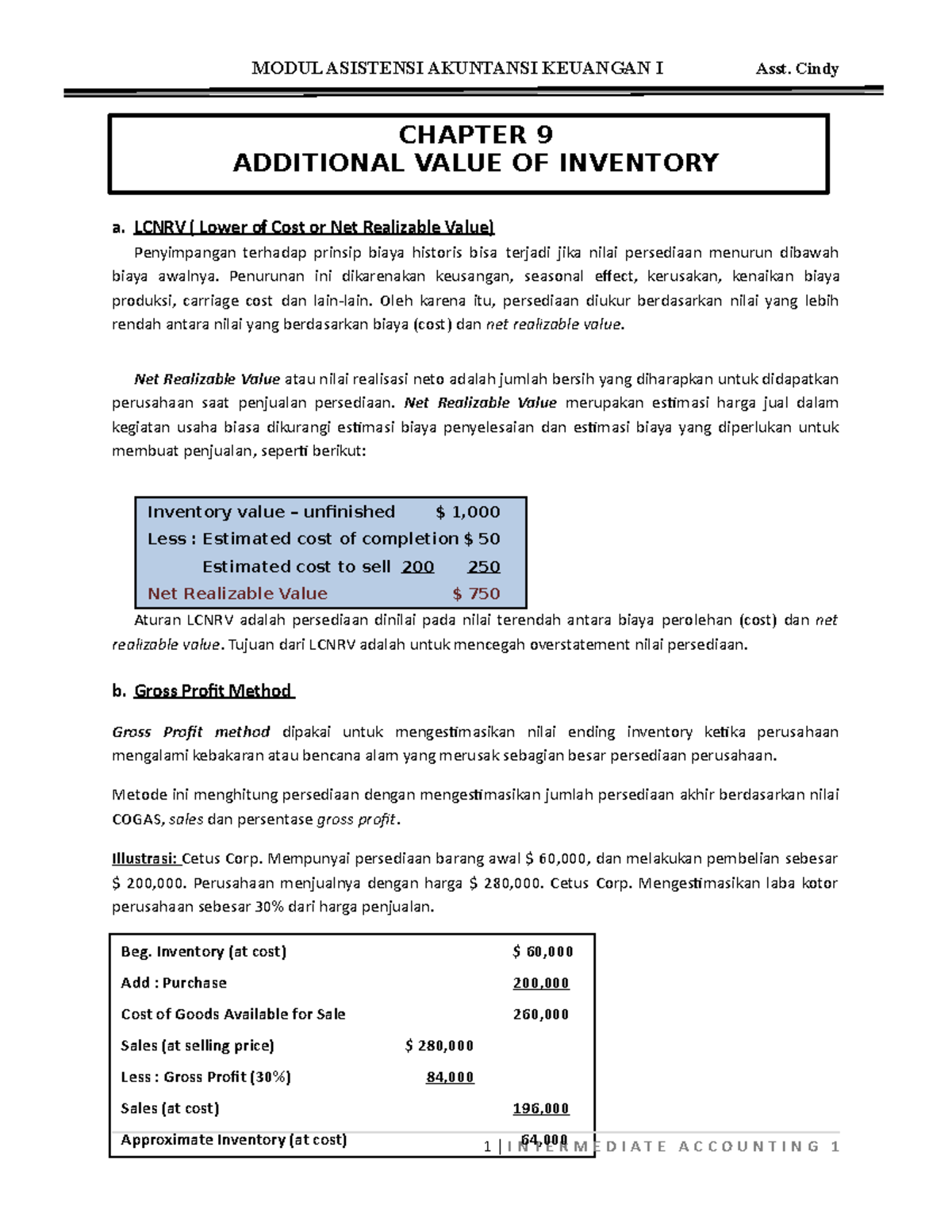 Chapter 9 - Inventory (Genap 2021-2022) - CHAPTER 9 ADDITIONAL VALUE OF INVENTORY a. LCNRV ...