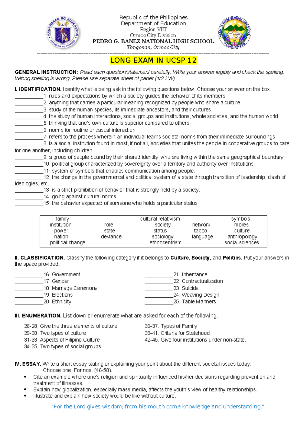UCSP LONG EXAM -1ST SEM - Republic of the Philippines Department of ...