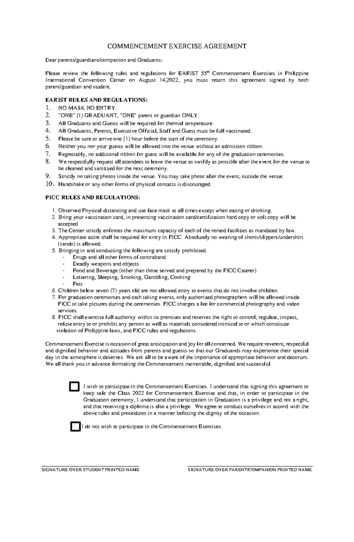 Commencement- Exercise- Agreement - COMMENCEMENT EXERCISE AGREEMENT ...