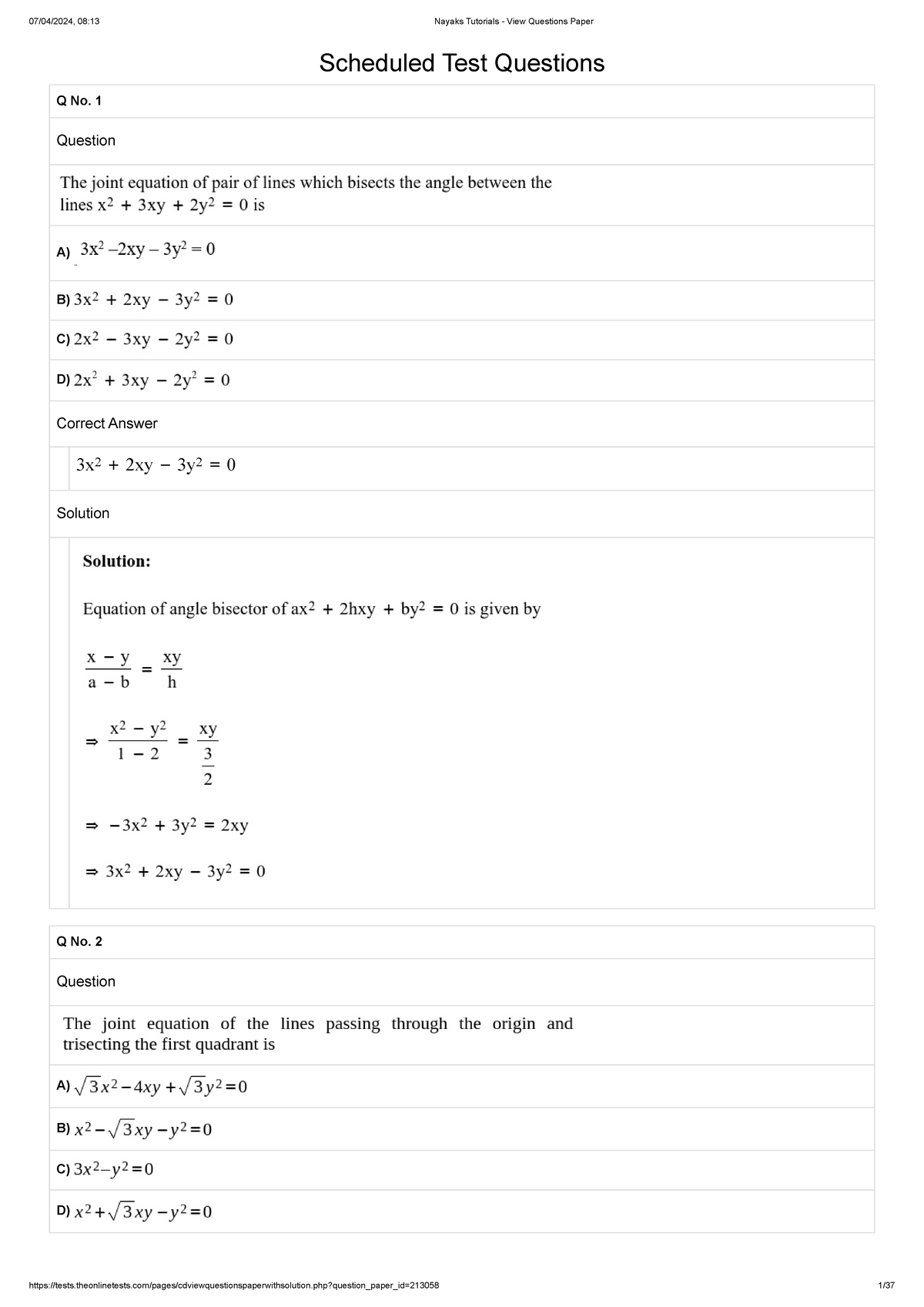 Maths group test 3 solution - Scheduled Test Questions Q No. 1 Question ...
