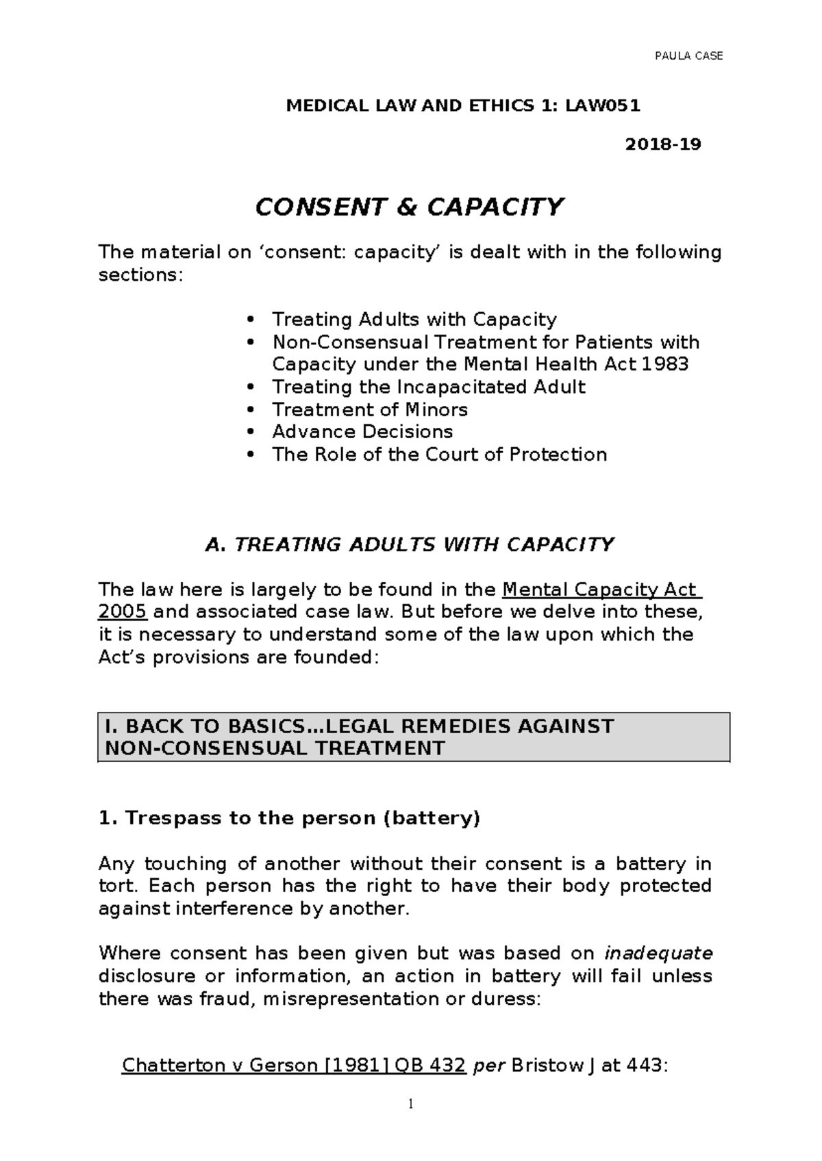 Consent handout 2018 - MEDICAL LAW AND ETHICS 1: LAW 2018- CONSENT ...