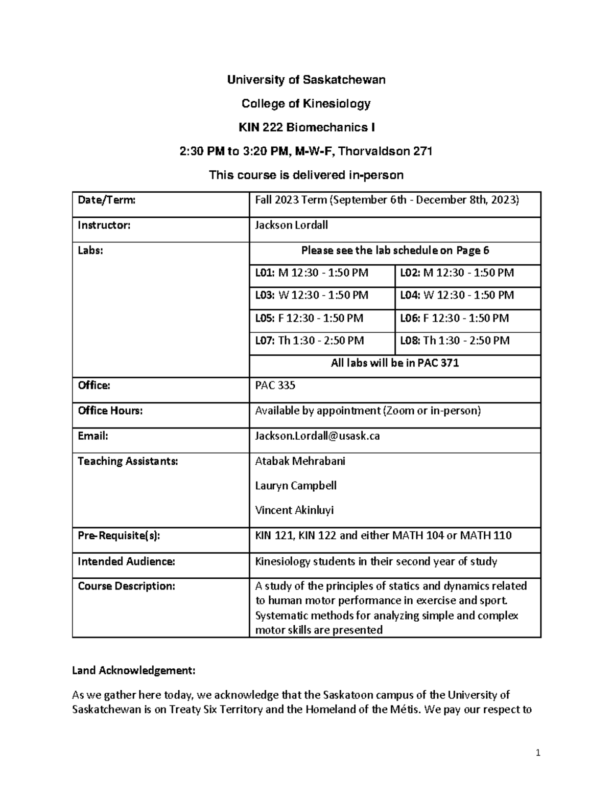 Syllabus - University of Saskatchewan College of Kinesiology KIN 222 ...