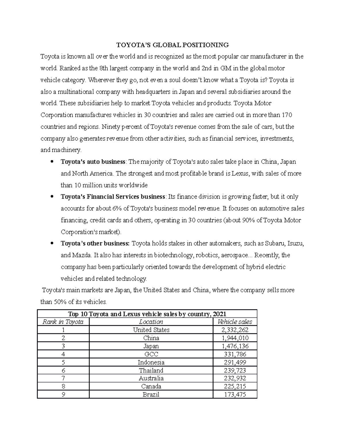 Toyota - Thuyết trình HSBC - TOYOTA’S GLOBAL POSITIONING Toyota is ...