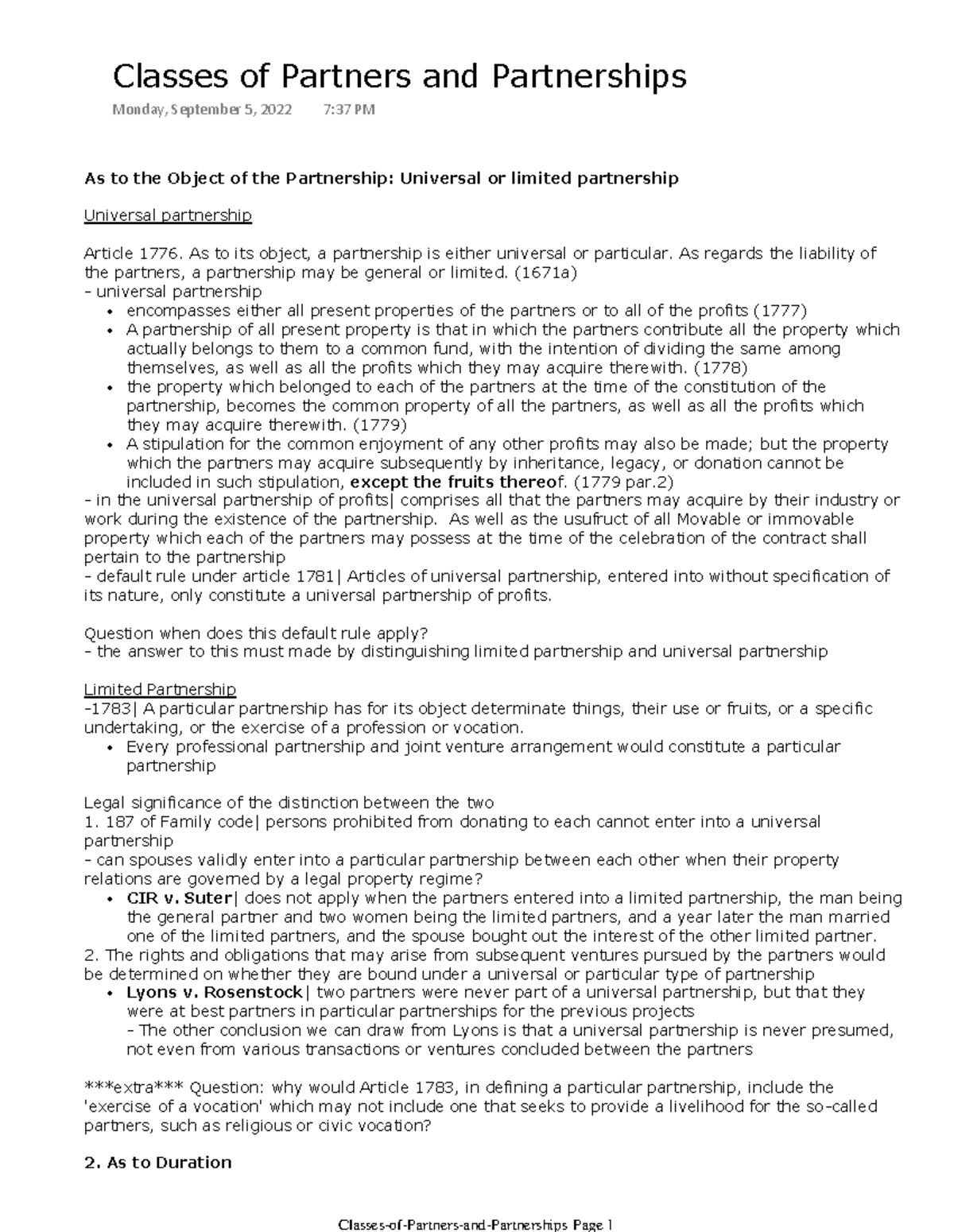 Classes of Partners and Partnerhsip - As to the Object of the ...