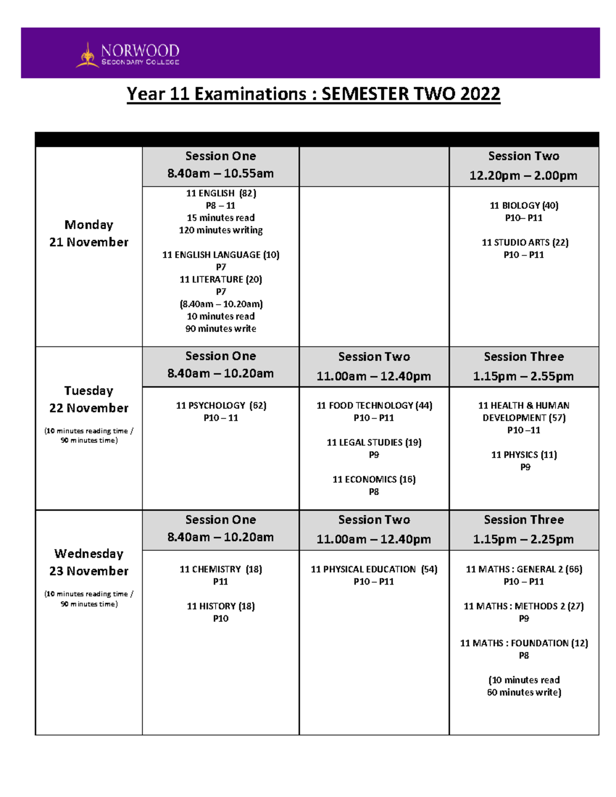 Examination timetable Semester 2 2022 - Year 11 Examinations : SEMESTER TWO 2022 Monday 21 ...