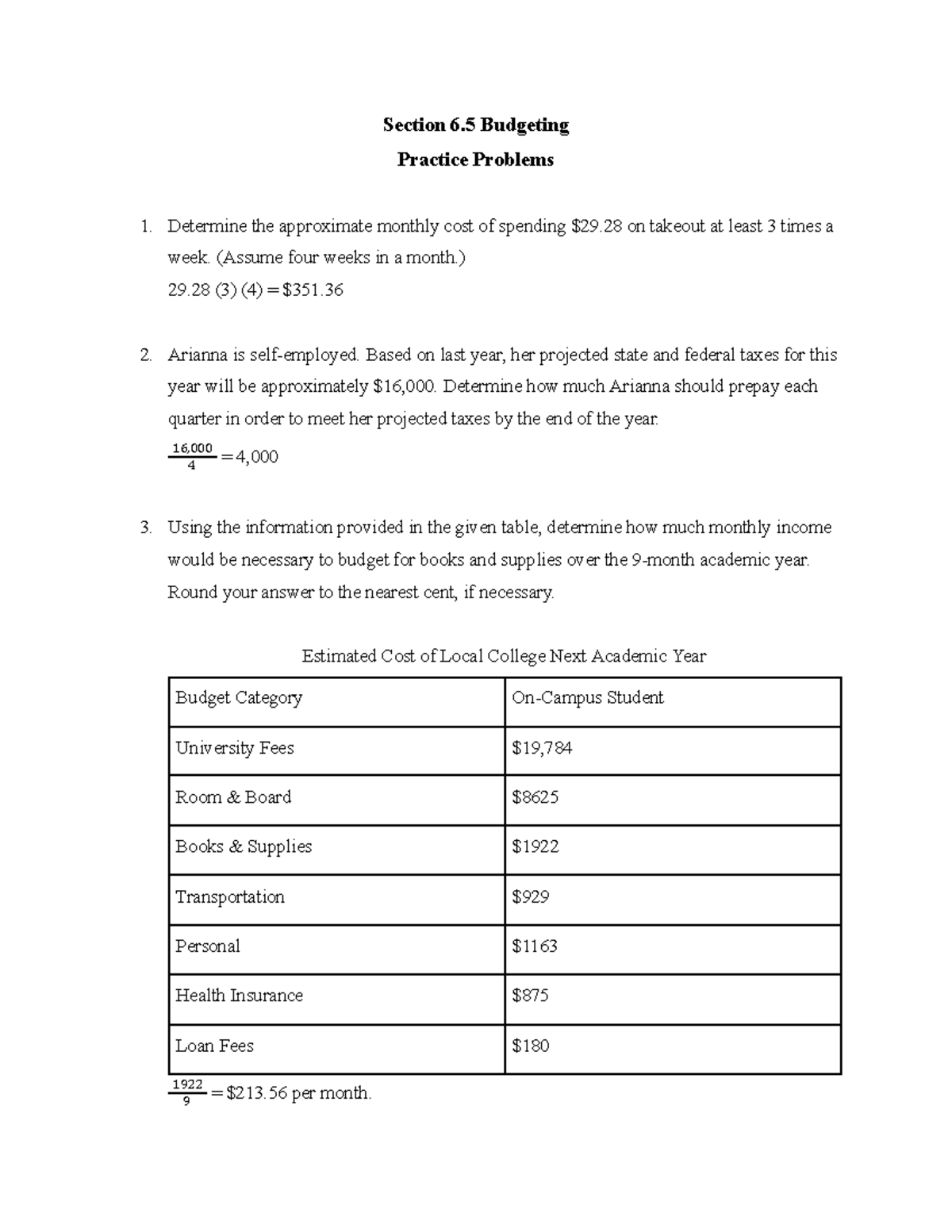 Section 6.5 Practice Problems - Section 6 Budgeting Practice Problems ...