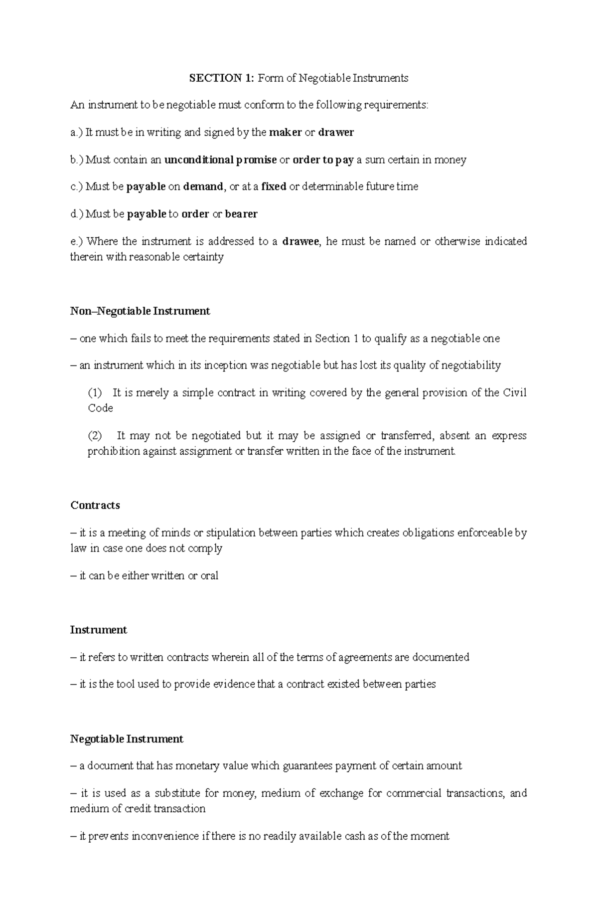 LAW - LAw reviewer reciattauon - SECTION 1: Form of Negotiable ...