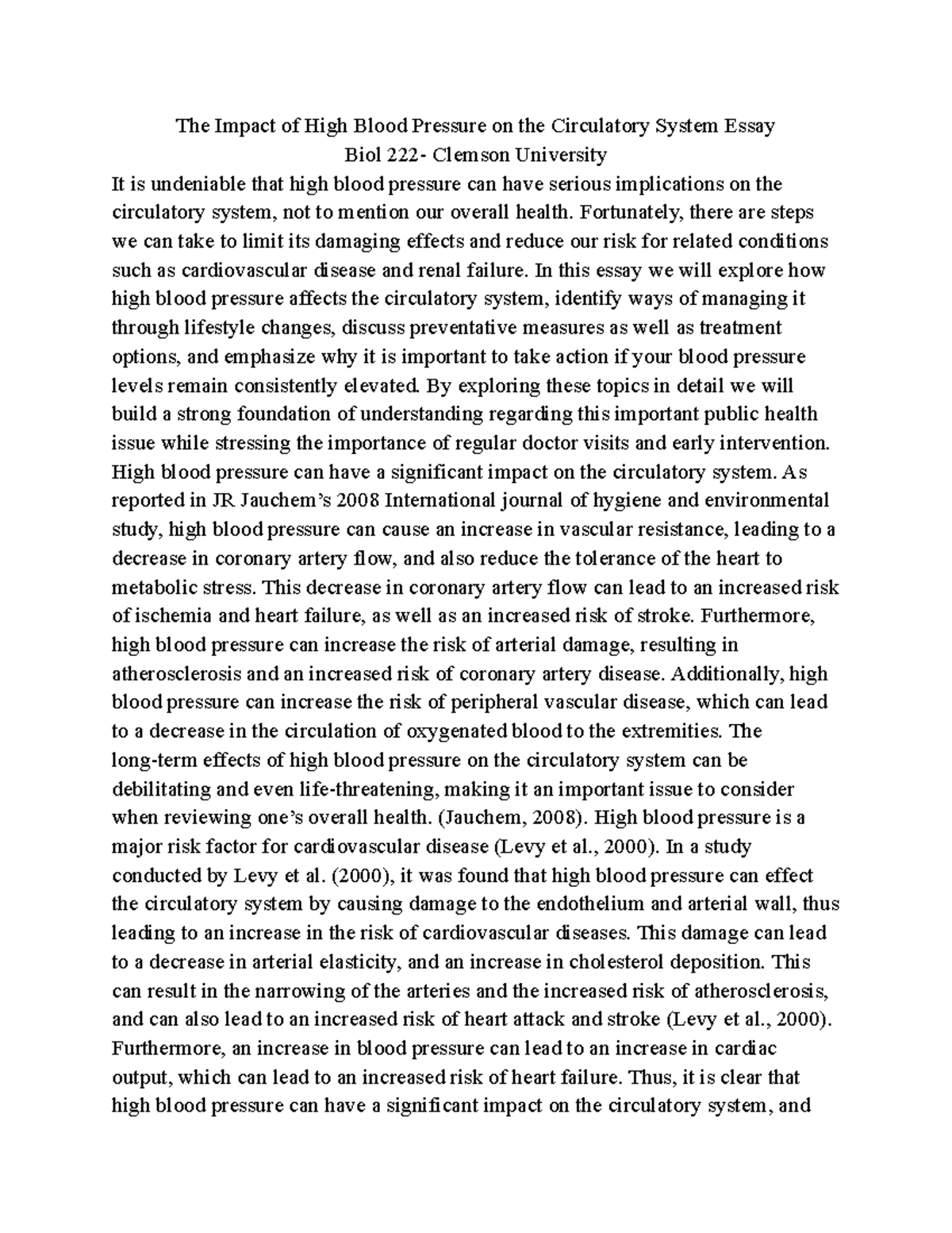 The Impact of High Blood Pressure on the Circulatory System Essay ...