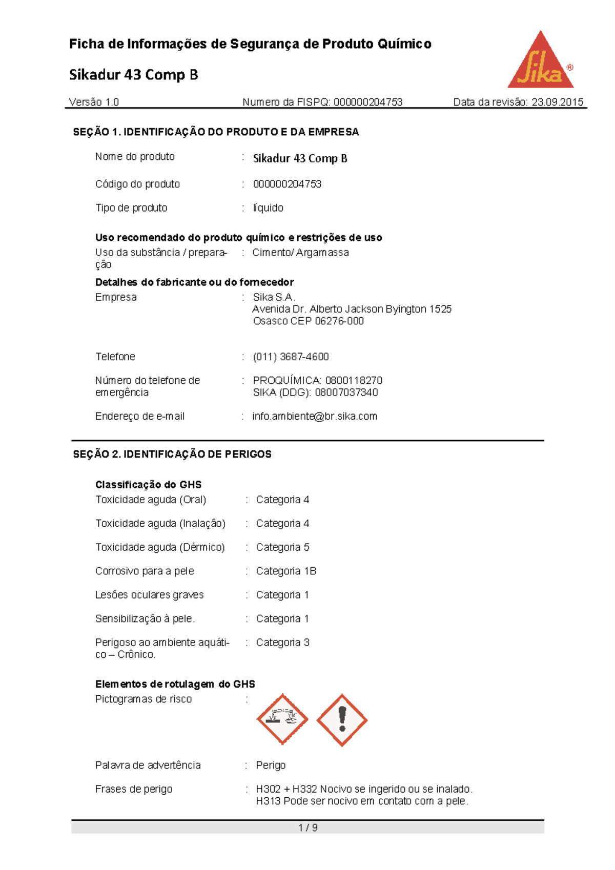 Sikadur 43 parte B - msds-058-07 - Sikadur 43 Comp B Versão 1 Numero da ...