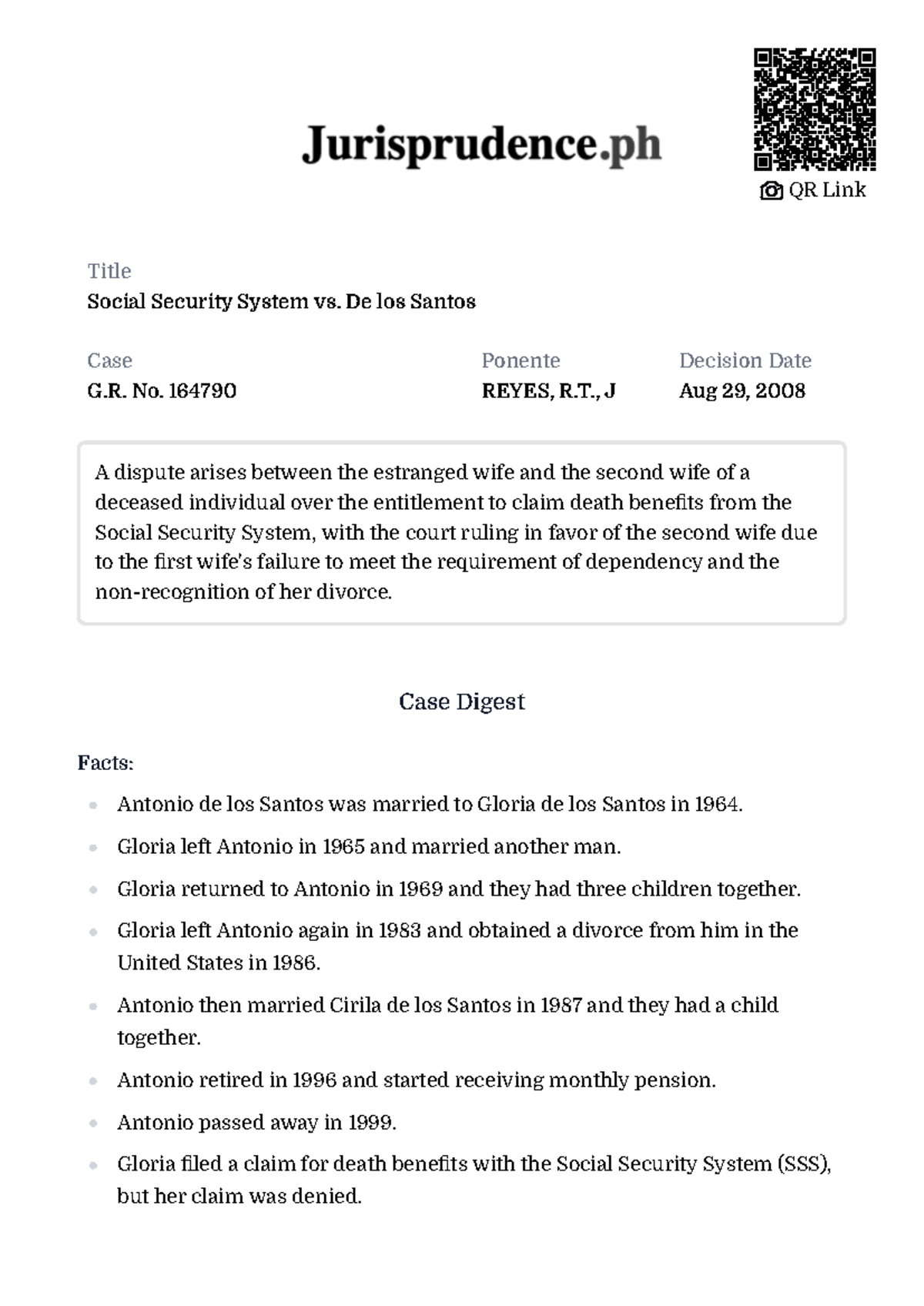 SSS vs. De los Santos_Digest.pdf - Title Social Security System vs. De ...