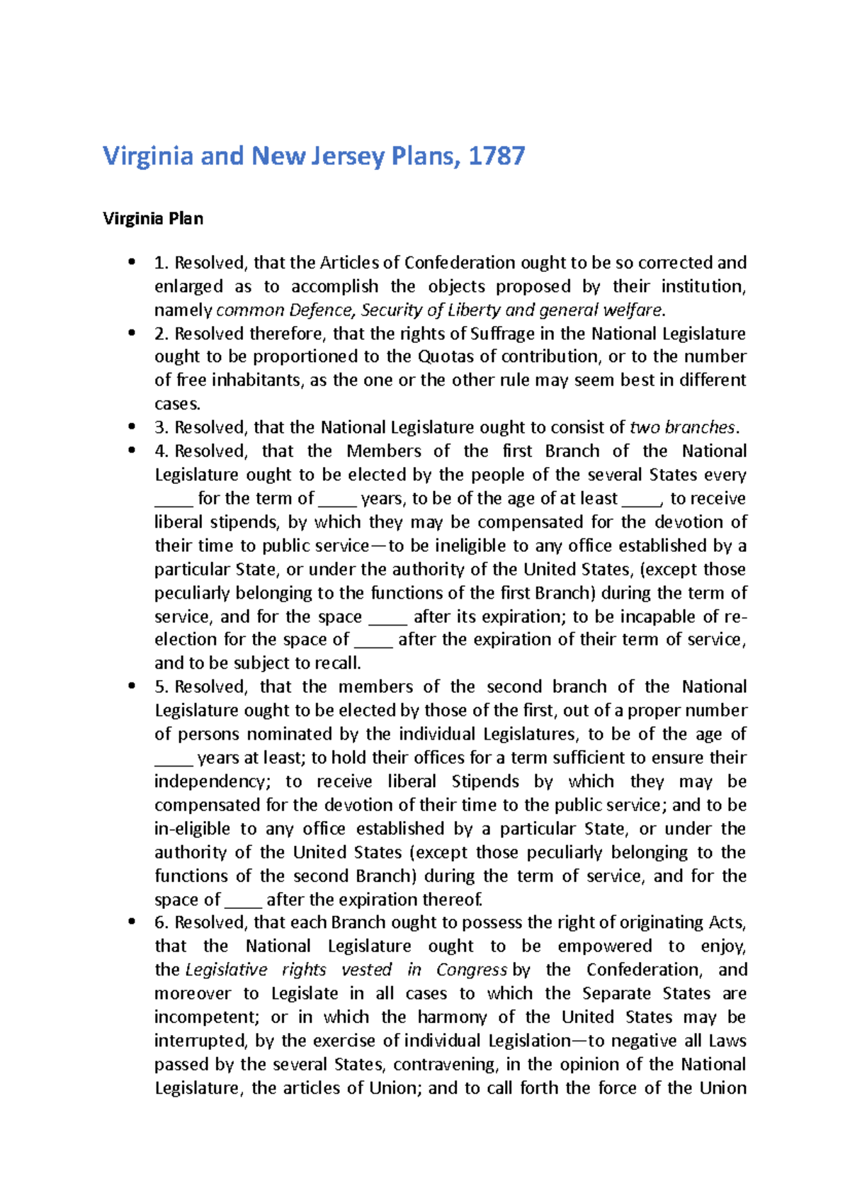 Virginia and New Jersey Plans - Resolved, that the Articles of ...