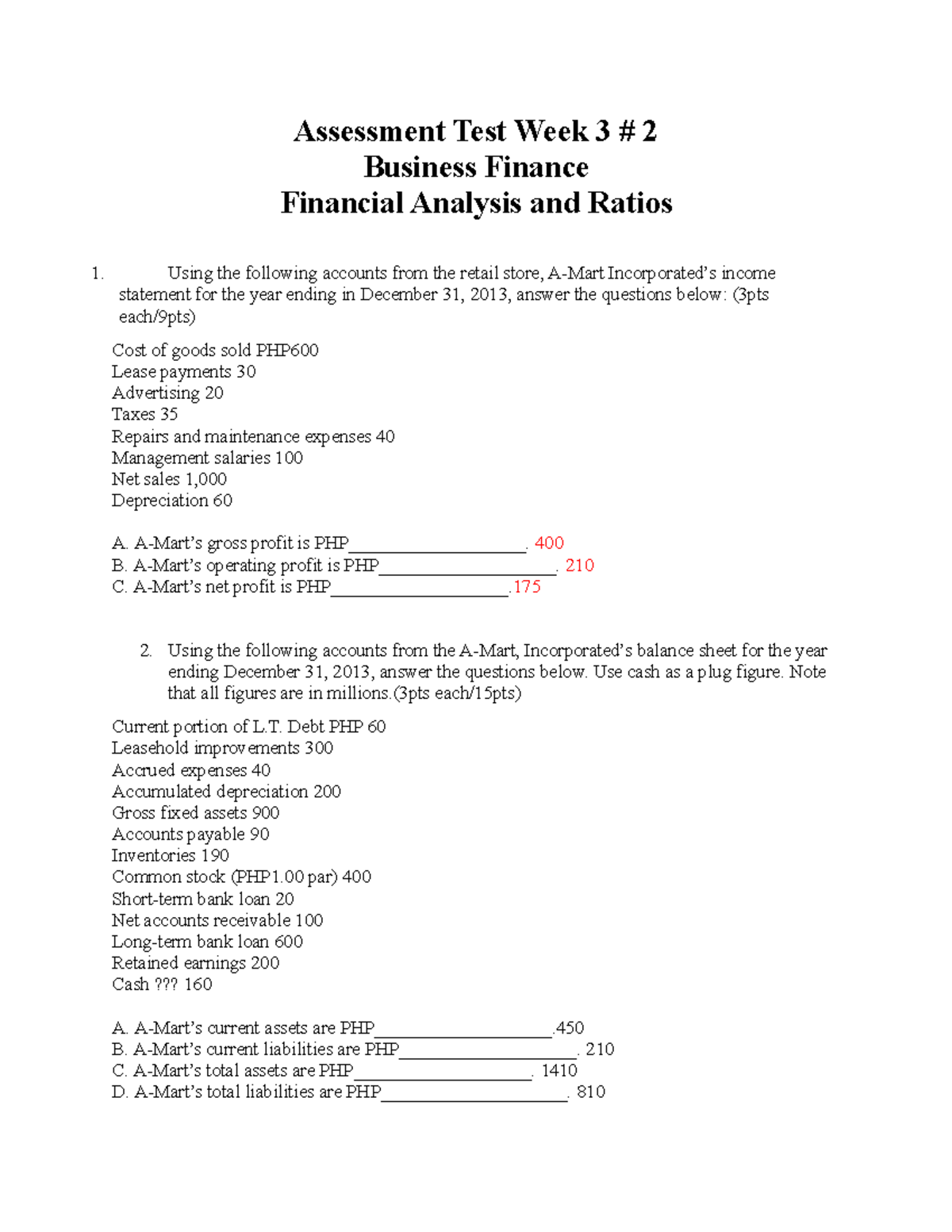 Assessment Test Week ABM1 - Business Finance Financial Analysis and ...