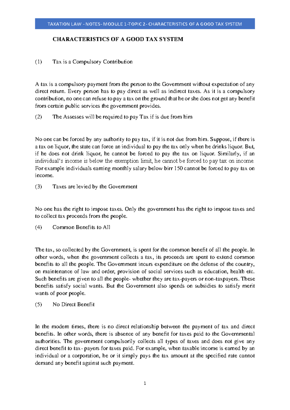 Taxation LAW - Notes- Module 1- Topic 2- Characteristics Of A Good Tax ...