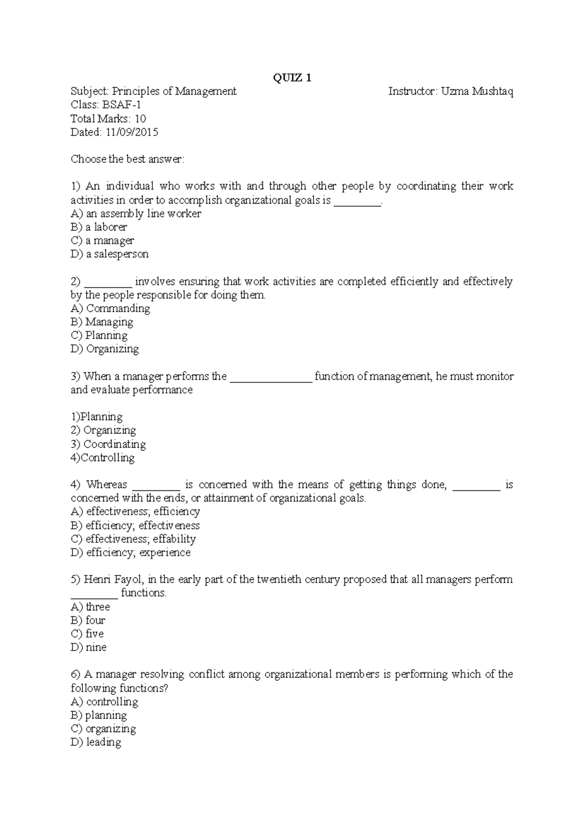 Management q1 - ..... - QUIZ 1 Subject: Principles of Management ...