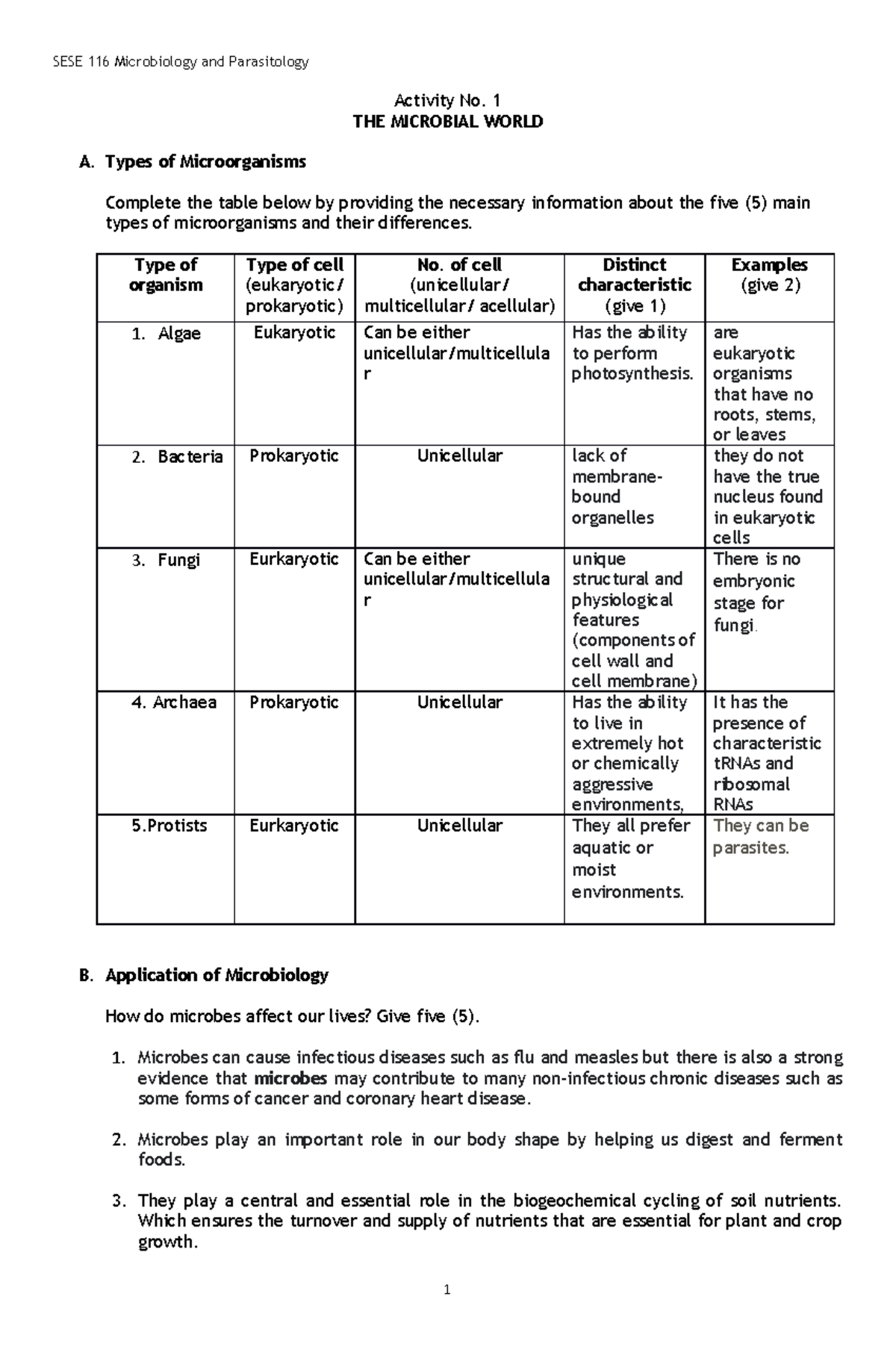 The Microbial World - Activity No. 1 THE MICROBIAL WORLD A. Types of ...