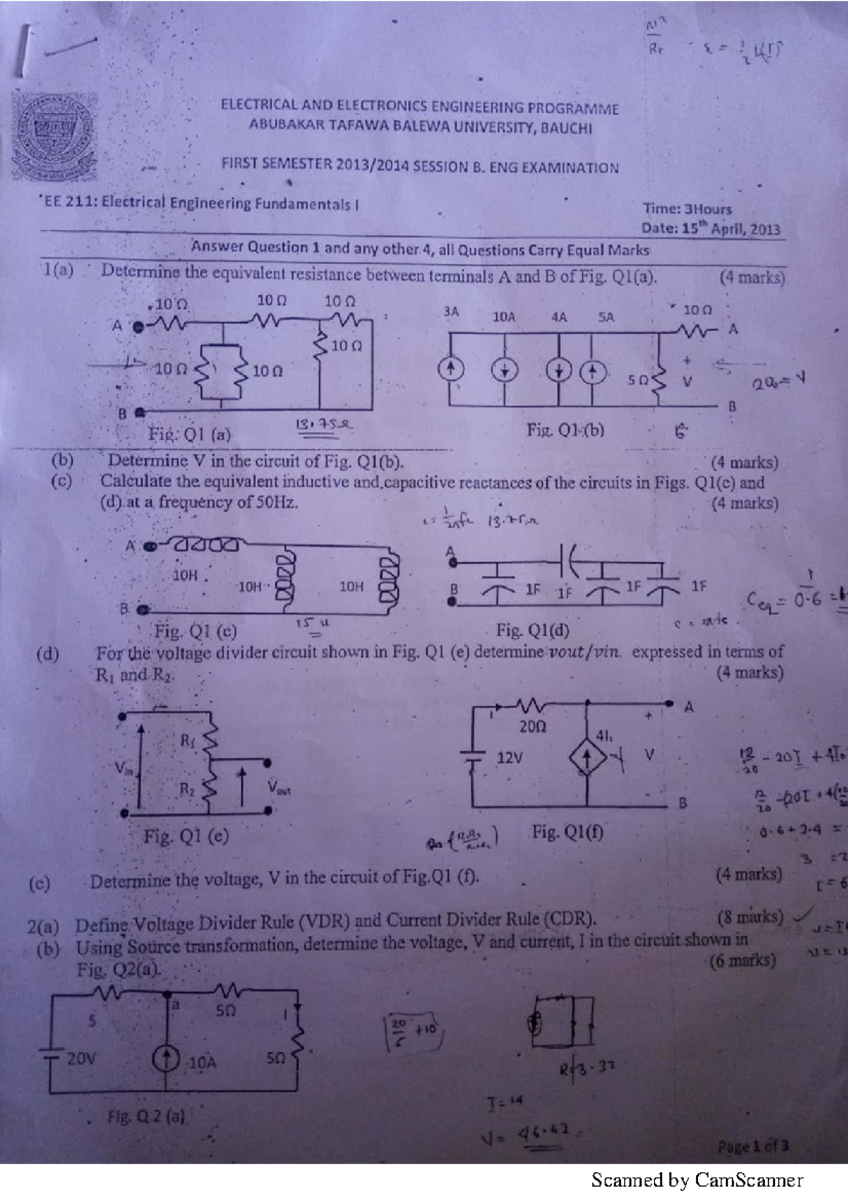 200L EE 1st Semester Past Questions for practice - Electrical ...