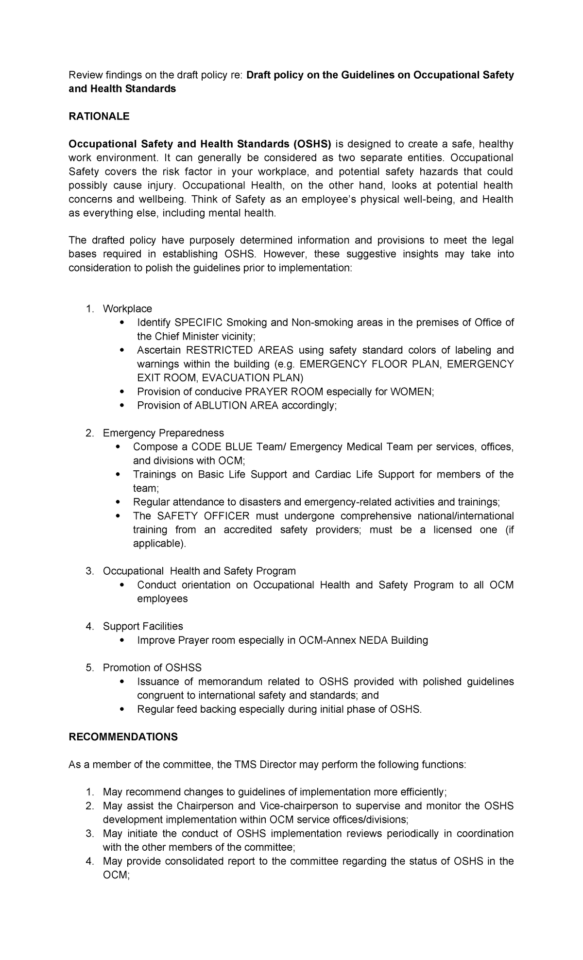 RF OSHS - Summary Statutory Construction - Review findings on the draft policy re: Draft policy ...