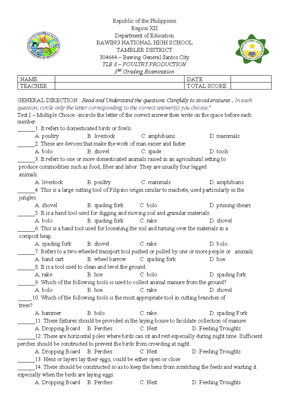 TLE 8 Third Grading EXAM - Republic of the Philippines Region XII ...