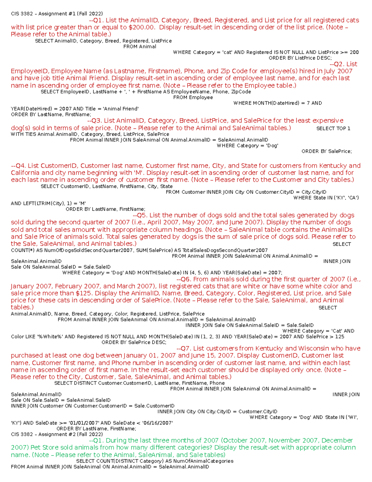CIS 3382 – Assignment #1, #2 KEY - CIS 3382 – Assignment #1 (Fall 2022) -Q1. List the AnimalID ...