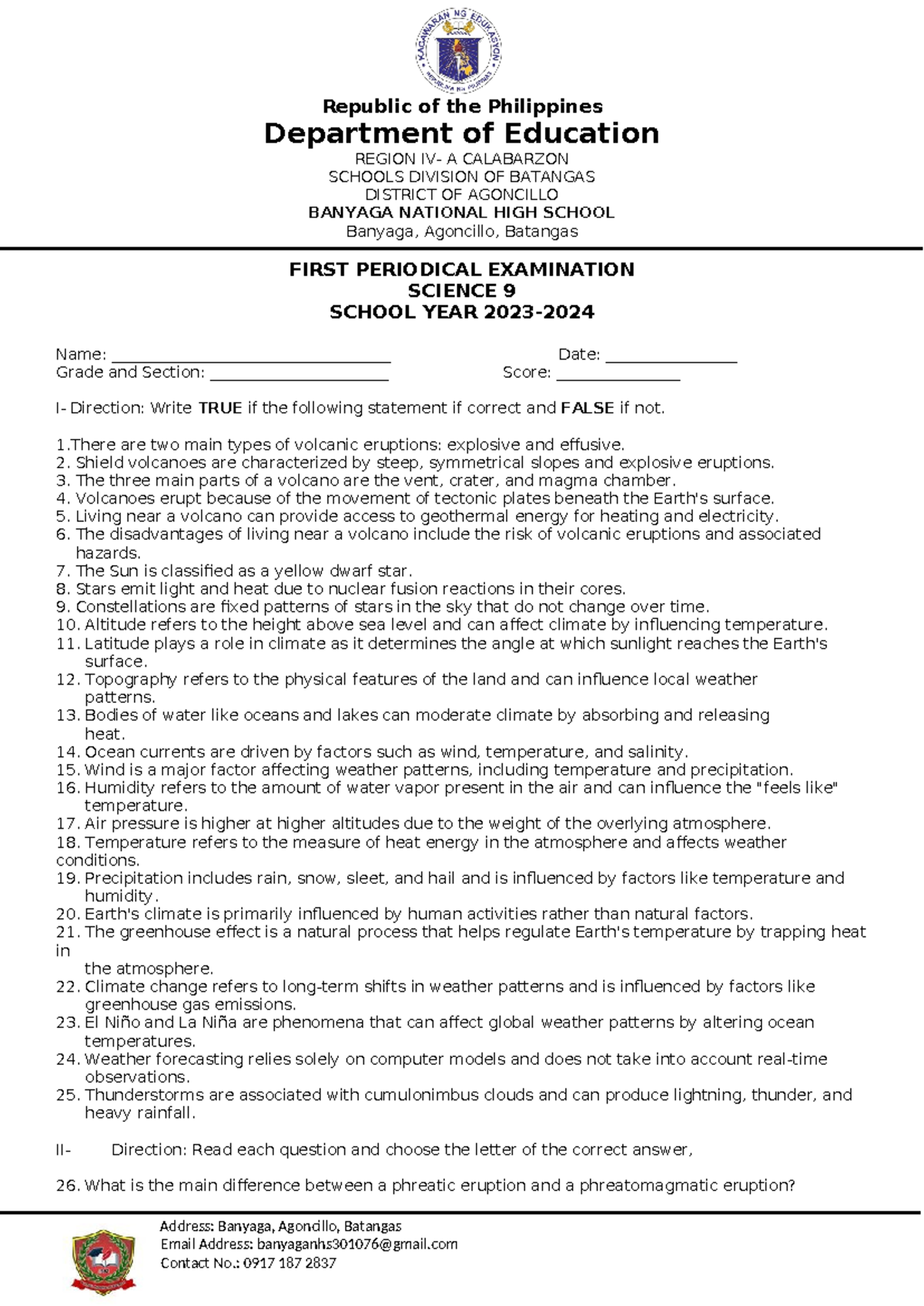 3RD Periodical Examination Science 9 2023-2024 - Department of ...