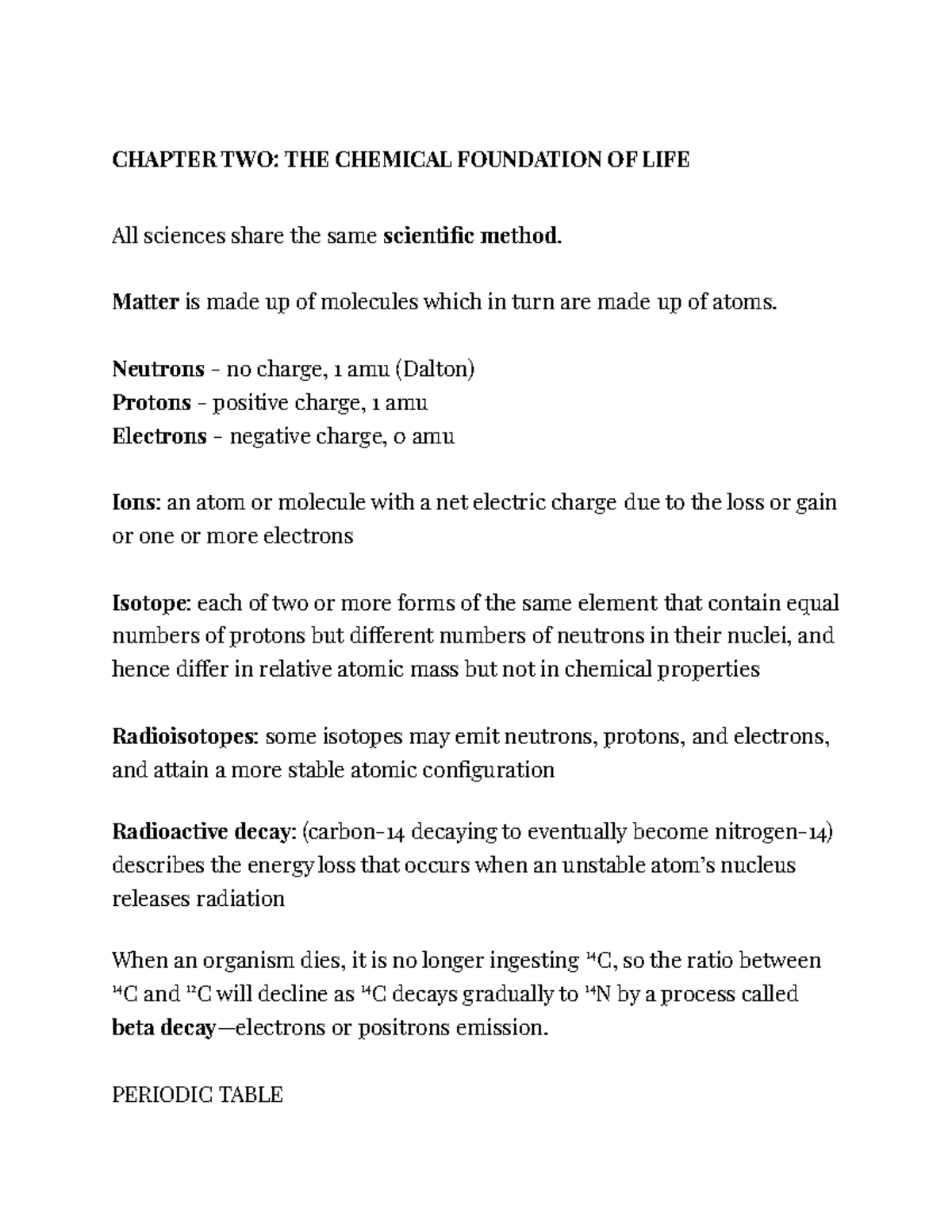 BIO 183 Class Notes - CHAPTER TWO: THE CHEMICAL FOUNDATION OF LIFE All ...