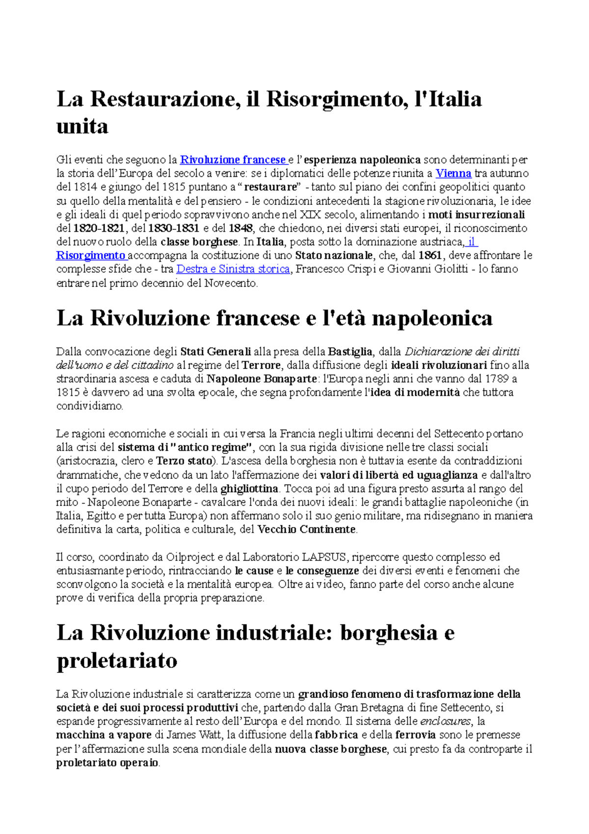 Storia moderna - La Restaurazione, il Risorgimento, l'Italia unita Gli eventi che seguono la ...