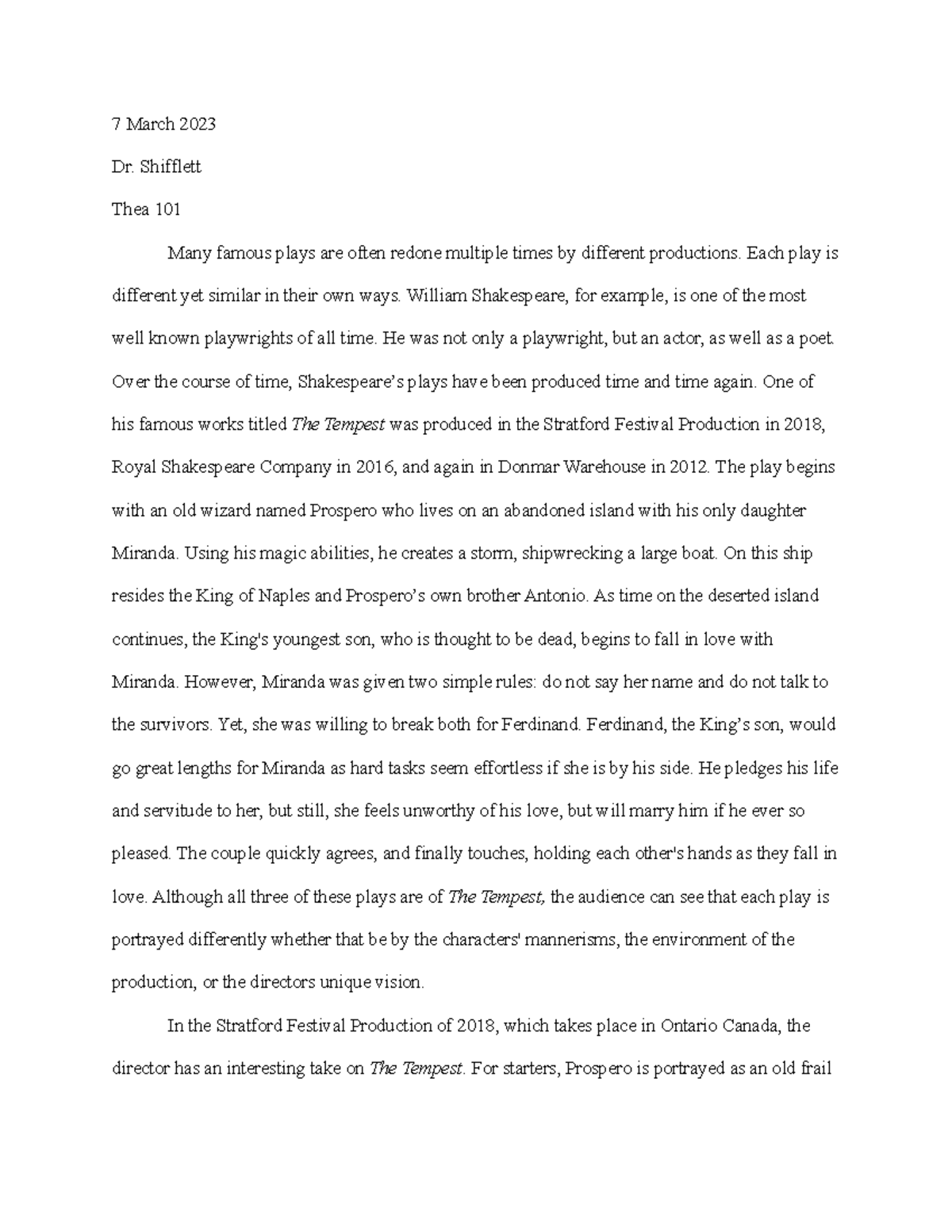 Theater paper #1 - Essay on The Tempest - 7 March 2023 Dr. Shifflett ...