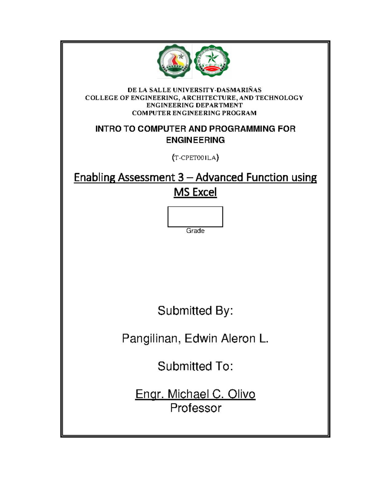 Pangilinan Enabling Assessment 3 - Advance Functions using MS Excel ...
