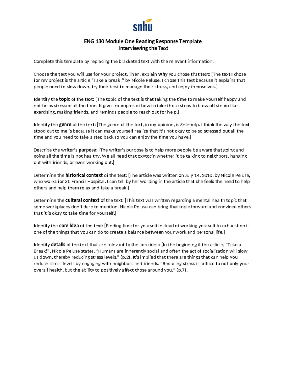 ENG 130 Module One Reading Response - Choose the text you will use for ...