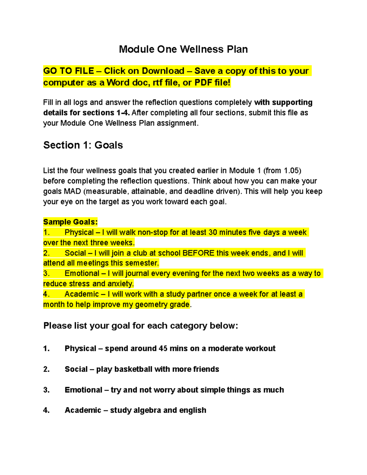 Copy of Module One Wellness Plan - Module One Wellness Plan GO TO FILE ...