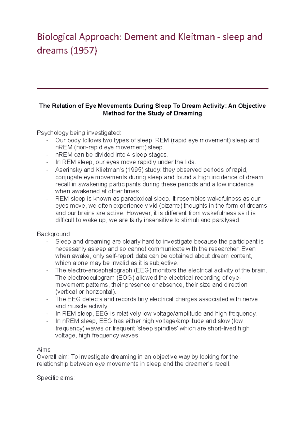 Biological Approach- Dement and Kleitman - sleep and dreams (1957 ...