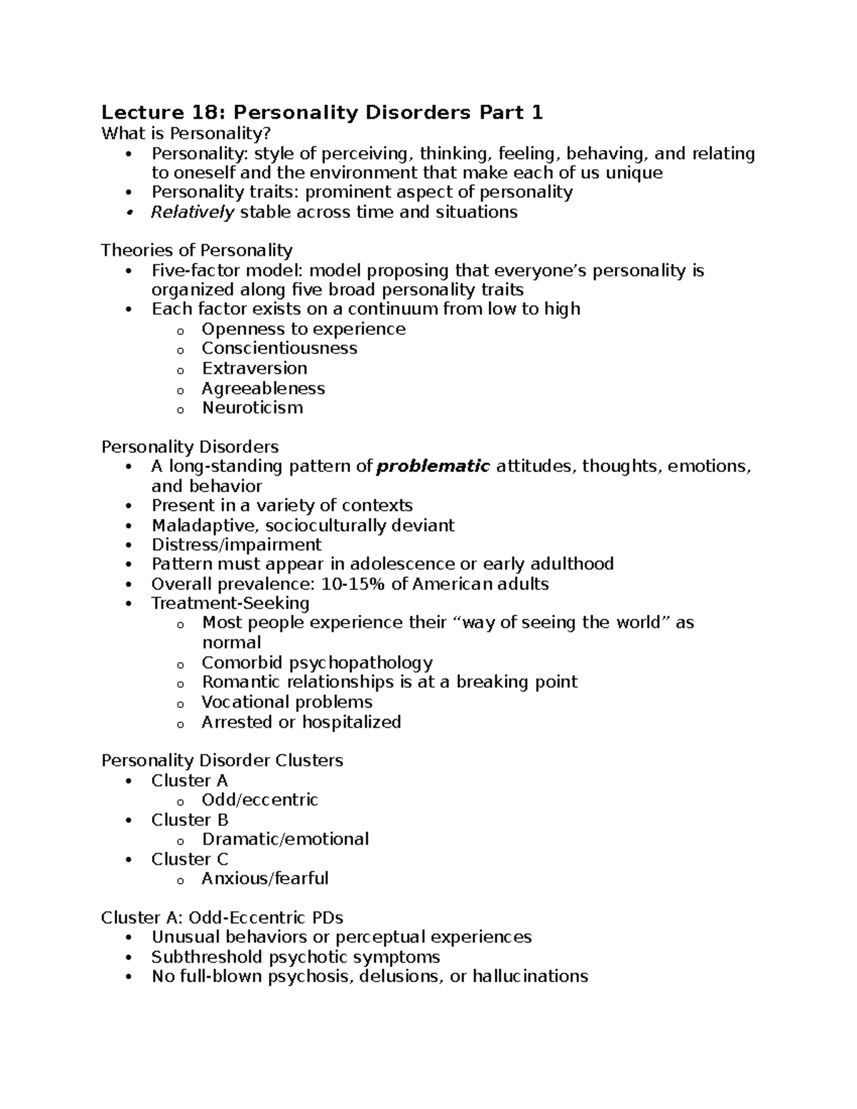 Abnormal Psychology Lectures 18-21- Personality Disorders - Lecture 18 ...