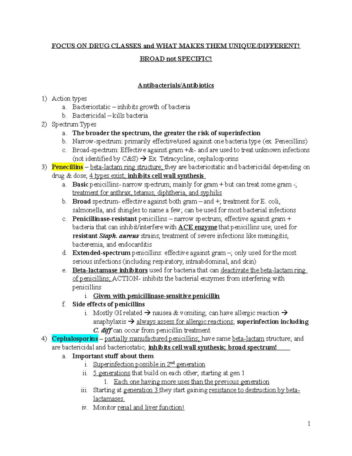 Cumulative Unit 1 Meds and classes - FOCUS ON DRUG CLASSES and WHAT ...