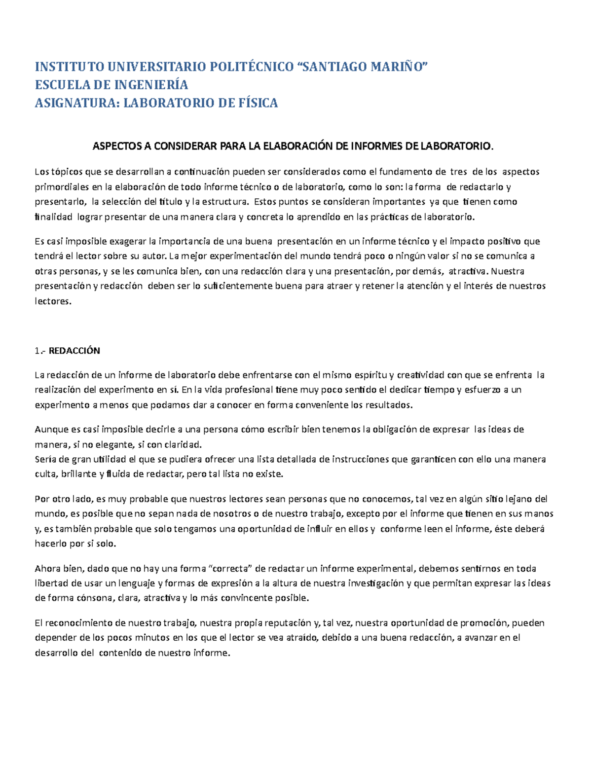 Aspectos A Considerar EN A Elaboración DE Informes DE Laboratorio - INSTITUTO UNIVERSITARIO ...