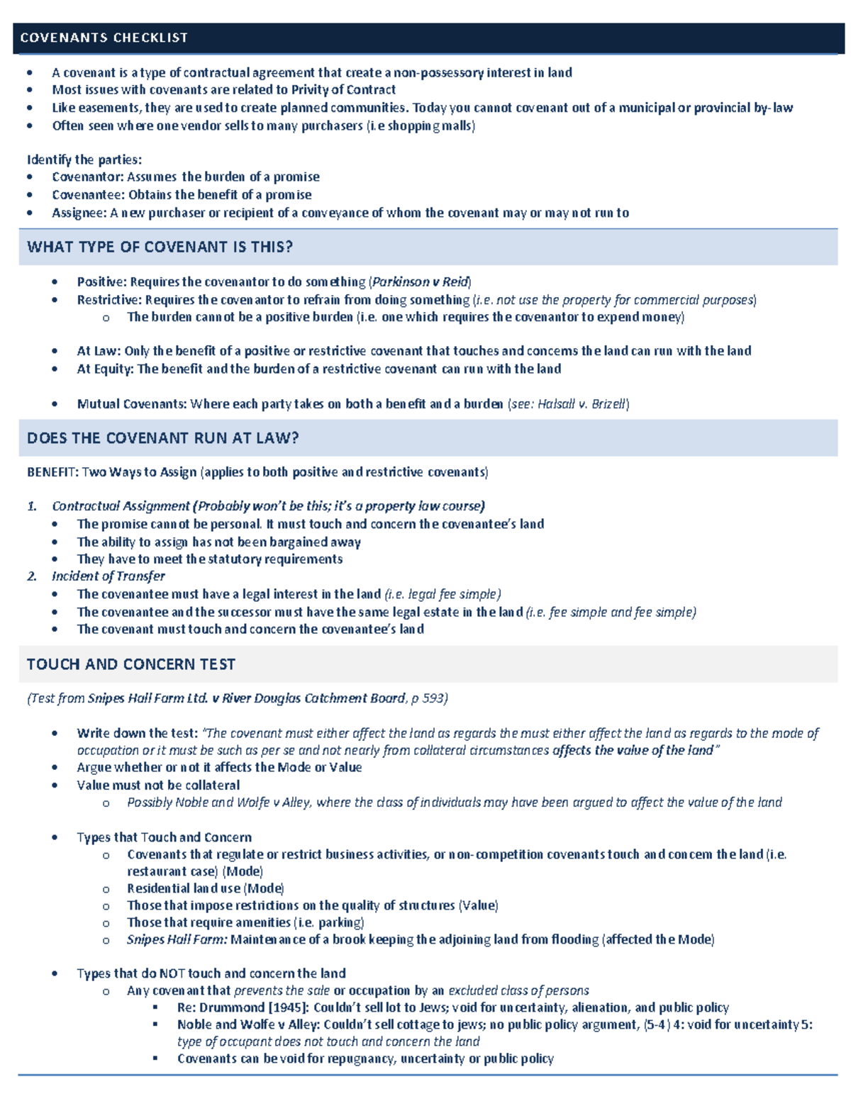 Summary - Exam Checklist, Easements, Covenants - C O VE NANTS CH E C ...