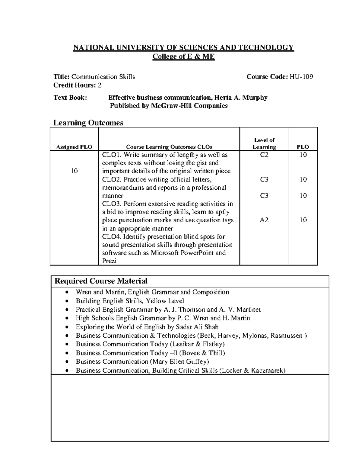 HU-109-Communication skills Course Outline - NATIONAL UNIVERSITY OF ...