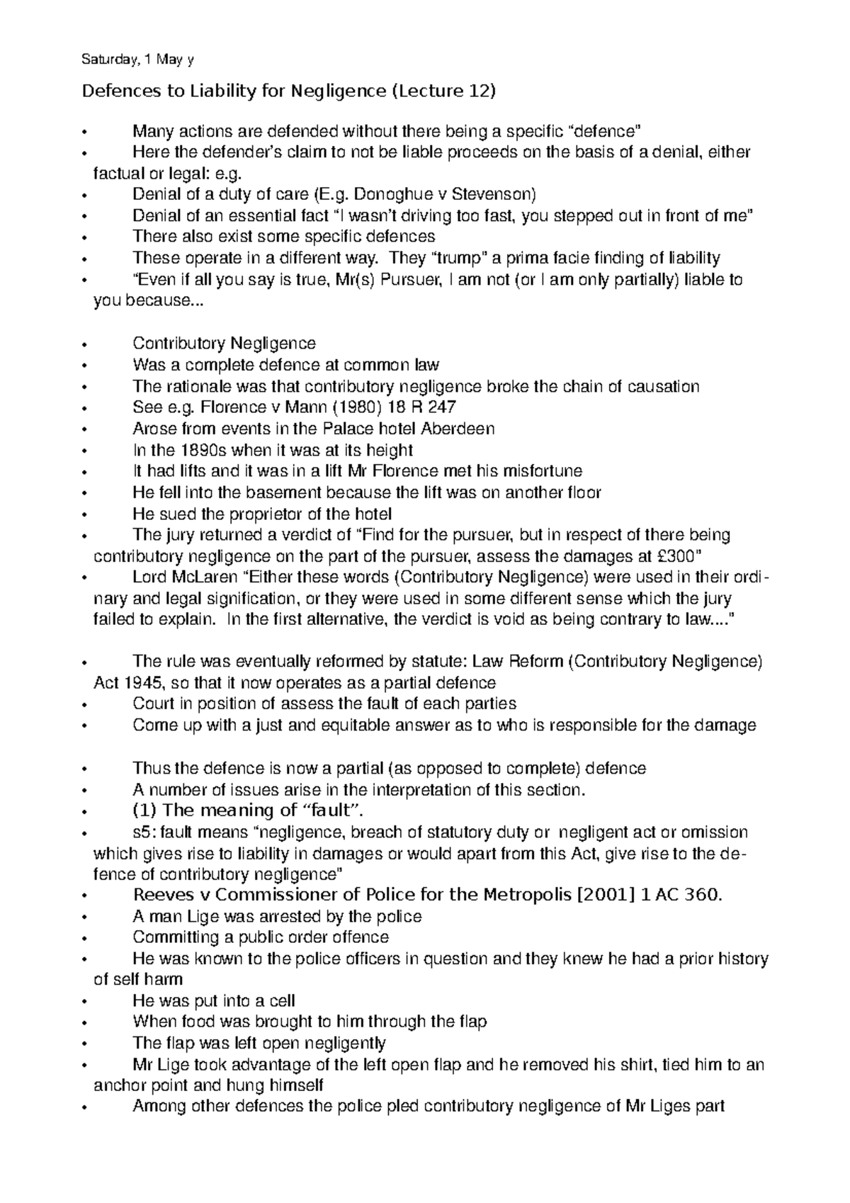 Lecture 12 - notes - Wednesday, 1 May y Defences to Liability for ...