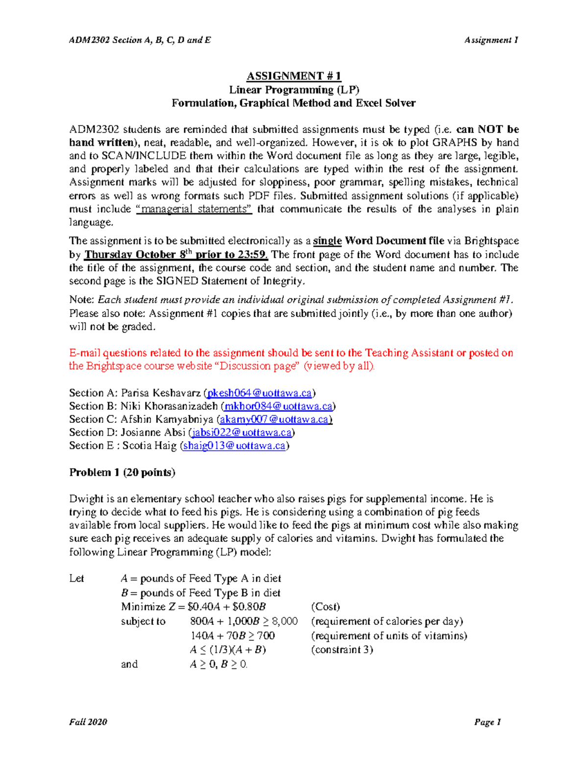 1. Assignment 1 Fall 2020 - ASSIGNMENT # 1 Linear Programming (LP) Formulation, Graphical Method ...