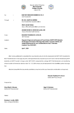 college of nursing immersion proposal - Republic of the Philippines ...