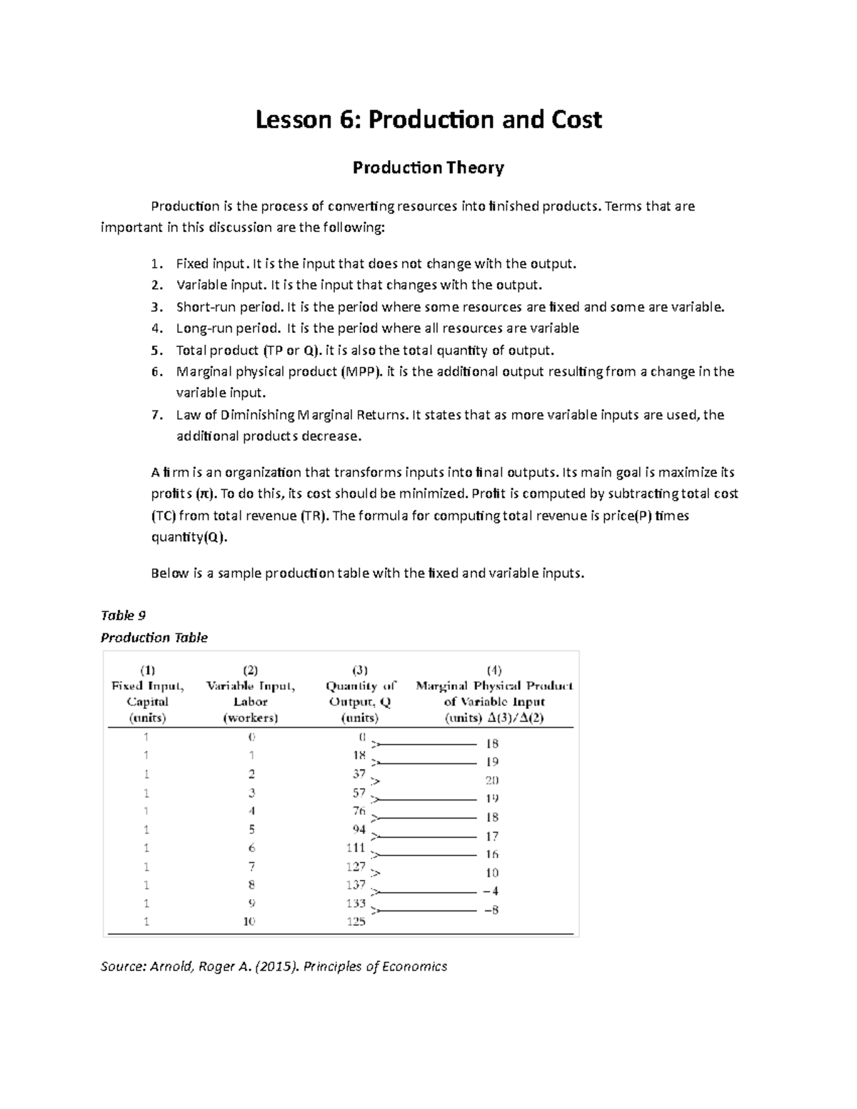 Production and Cost - Lesson 6: Production and Cost Production Theory ...